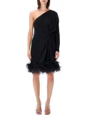 Valentino Garavani One-shoulder Feather-trimmed Dress - Nero