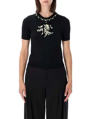 Valentino Garavani Embroidered Floral Virgin Wool Pullover Sweater With Velvet Bow