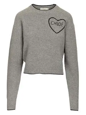 Chloé CHLOE Ribbed Wool And Cashmere Cropped Fitted Sweater With Embroidered Heart Logo Gray