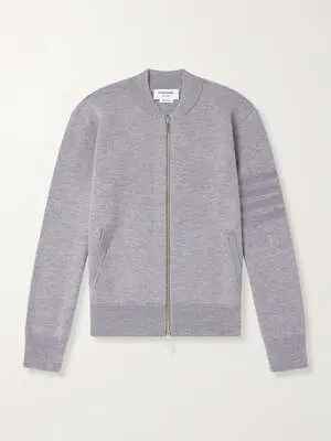 Thom Browne Striped Wool, Linen And Cotton-blend Zip-up Cardigan - Gray