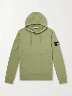 Stone Island Logo-appliquéd Garment-dyed Cotton-fleece Hoodie - Green