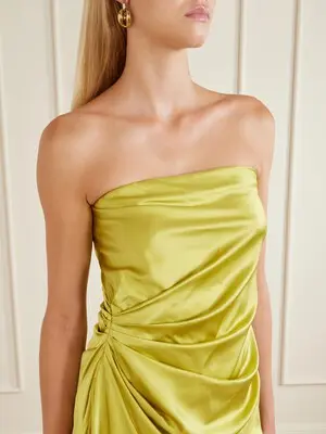 Staud Adriana Strapless Ruched Silk-blend Satin Mini Dress - Yellow
