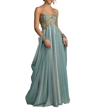 Mac Duggal Strapless Chiffon Gown With Floral Embroidery