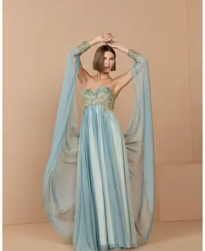 Mac Duggal Strapless Chiffon Gown With Floral Embroidery