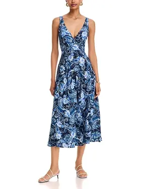 Aqua Paisley Print V Neck Drop Waist Midi Dress Exclusive - Navy Multi