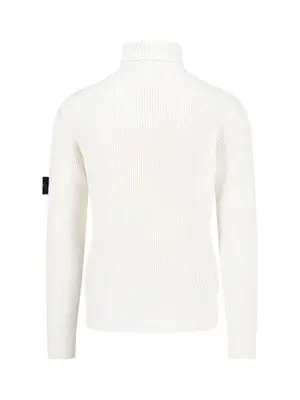 Stone Island Ribbed Virgin Wool Turtleneck Sweater - White