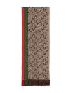Gucci Gg Jacquard Knit Scarf With Web And Fringe