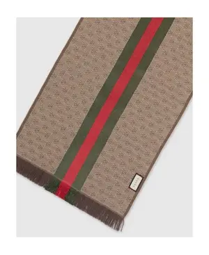 Gucci Gg Jacquard Knit Scarf With Web And Fringe