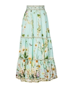 Camilla Floral Tiered Linen Maxi Skirt - Blue