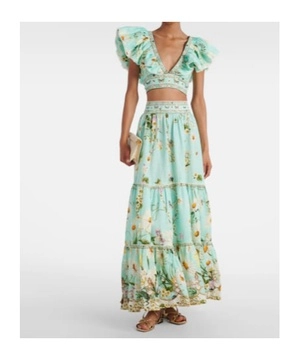 Camilla Floral Tiered Linen Maxi Skirt