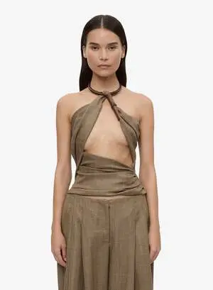 Christopher Esber Chime Necklace Herringbone Halter Top - Brown