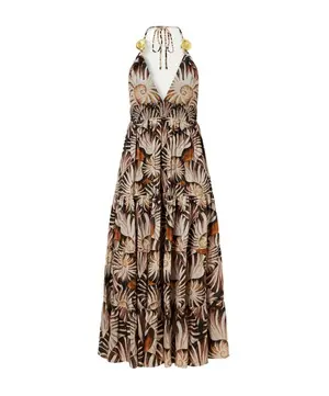 Farm Rio Pleated Backless Midi Dress - Brown