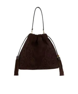 Etro Large Suede Kalispera Bag With Patch And Tassels - Black
