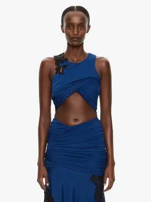 Christopher Esber Hibiscus Embroidered Asymmetrical One-shoulder Cropped Tank - Black