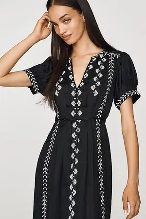Anthropologie Sat Embroidered Midi Dress - Black