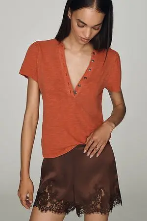 PILCRO Cotton Henley Tee - Cinnabar