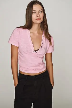 PILCRO Cotton Henley Tee - Pink Nectar