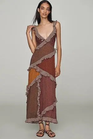 Anthropologie Patchwork Ruffle Midi Dress - Pink Pattern