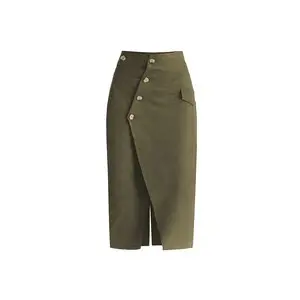 PAISIE Asymmetric Midi Skirt With Button Details In Khaki - Green