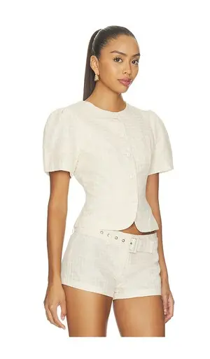 Lioness Femme Blouse Puff Sleeve Cropped Top - Beige Check