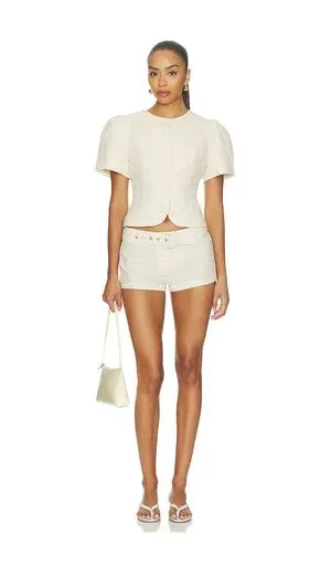 Lioness Femme Blouse Puff Sleeve Cropped Top - Beige Check