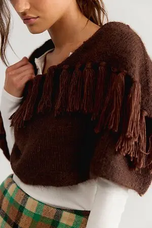 Free People Cabin Fever Fringe Capelet Coffee Bean