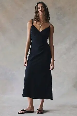 Free People Sandshell Linen Omnia Midi Slip Dress Black
