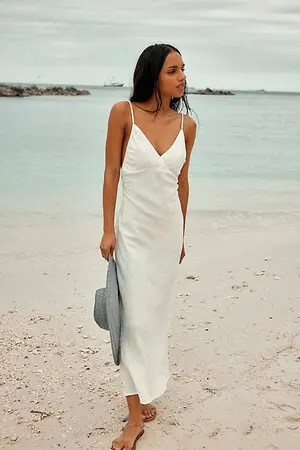 Free People Sandshell Linen Omnia Midi Slip Dress Clean Ivory