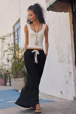 Free People Linen Blend Maxi Skirt With Drawstring Waistband - Black