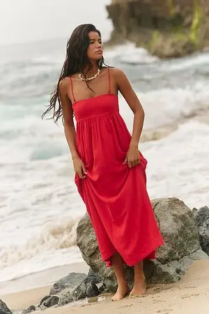 Free People Sandshell Linen Halo Babydoll Midi Dress - Cherry Tomato