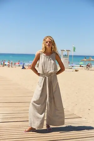 Free People Sandshell Linen Linden One-piece Jumpsuit - Grey Fern