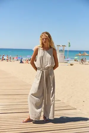 Free People Sandshell Linen Linden One-piece Jumpsuit - Grey Fern
