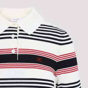 Celine Striped Cotton Polo Knit Sweater - White