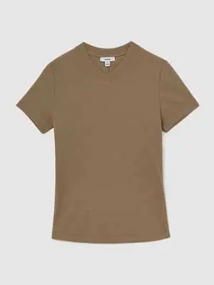 REISS Addison Cotton-stretch V-neck T-shirt - Camel