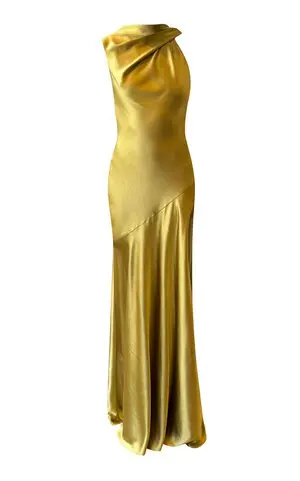 Amsale Satin Asymmetric Drape Gown - Yellow