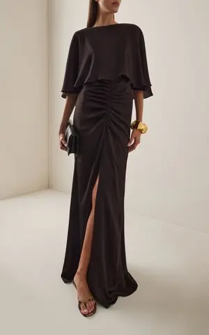 Amsale Hammered Satin Cape Gown