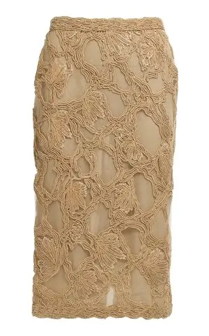 Elie Saab Raffia-embroidered Silk-blend Midi Pencil Skirt - Tan