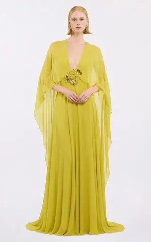 Elie Saab Cape-sleeve Silk Gown