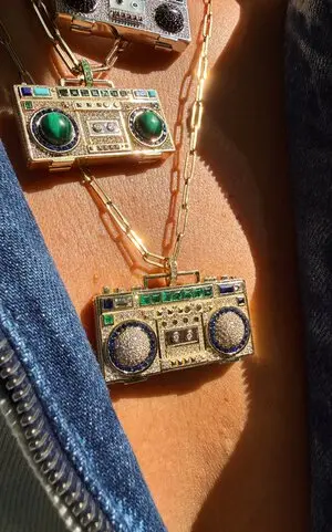 NEVERNOT 14k Yellow Gold Boombox Necklace With Diamonds And Emeralds