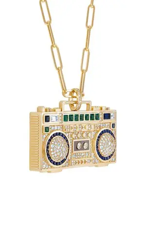 NEVERNOT 14k Yellow Gold Boombox Necklace With Diamonds And Emeralds