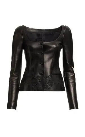 Elie Saab Embroidered Leather Scoop Neck Jacket - Black