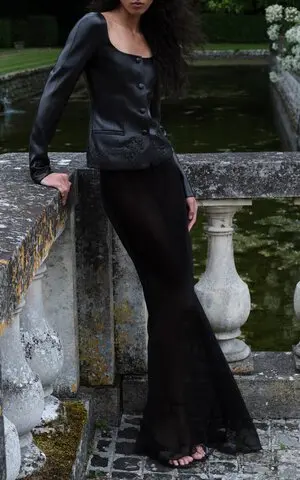 Elie Saab Embroidered Leather Scoop Neck Jacket