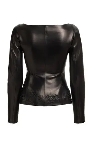 Elie Saab Embroidered Leather Scoop Neck Jacket