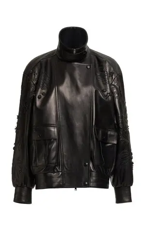 Elie Saab Embroidered Leather Bomber Jacket - Black