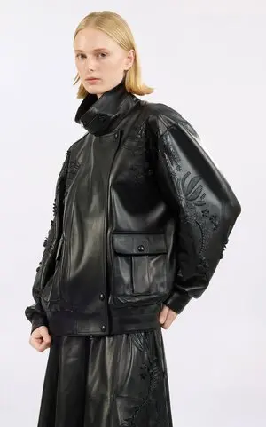 Elie Saab Embroidered Leather Bomber Jacket