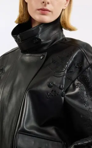Elie Saab Embroidered Leather Bomber Jacket