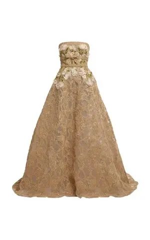 Elie Saab Floral-embellished Raffia-embroidered Gown - Nude