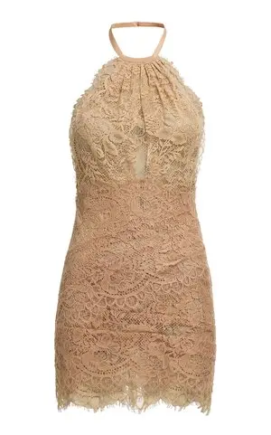 Elie Saab Halter Top Lace Mini Dress - Tan