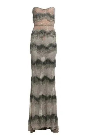 Elie Saab Tiered Beaded-fringe Silk-blend Maxi Dress - Silver