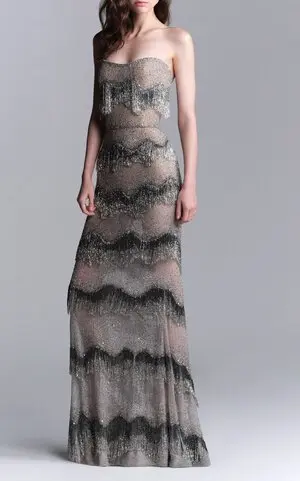 Elie Saab Tiered Beaded-fringe Silk-blend Maxi Dress